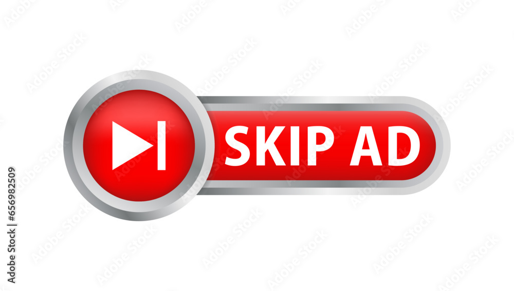 Skip ad red button on white background. Flat 3D button. Buttons for the design of the user ...