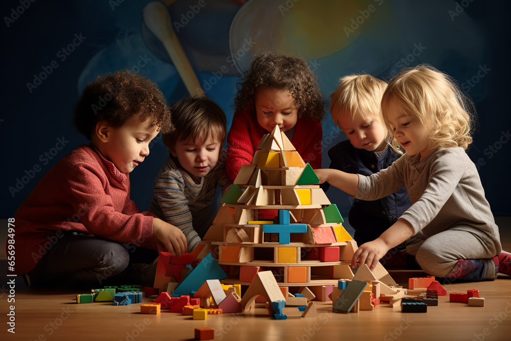 In a playful setting, children are using colorful building blocks to ...