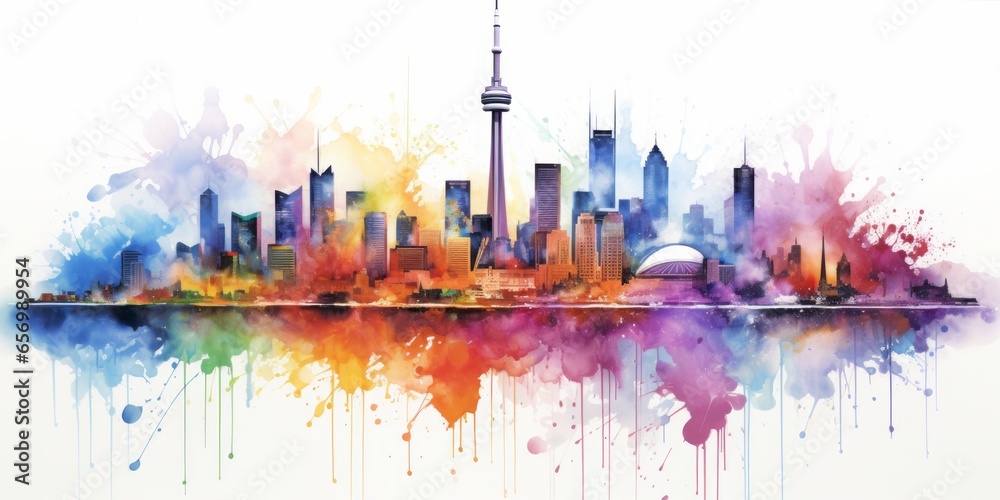 Rainbow Aquarelle Silhouette of Toronto's Iconic Cityscape, Showcasing ...