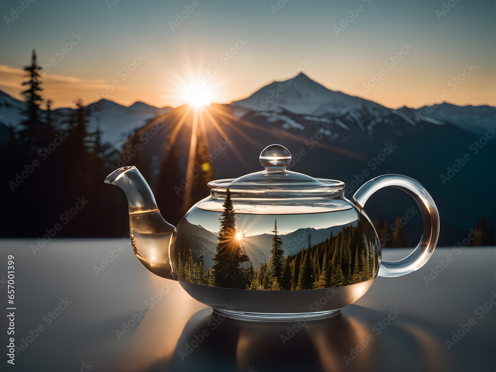 alpine tea concept, transparent teapot with mountains inside on a ...