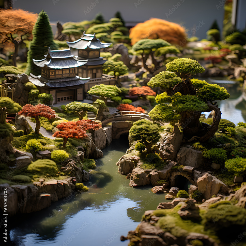 mini Japanese garden. The garden consists of a variety of trees, bushes ...