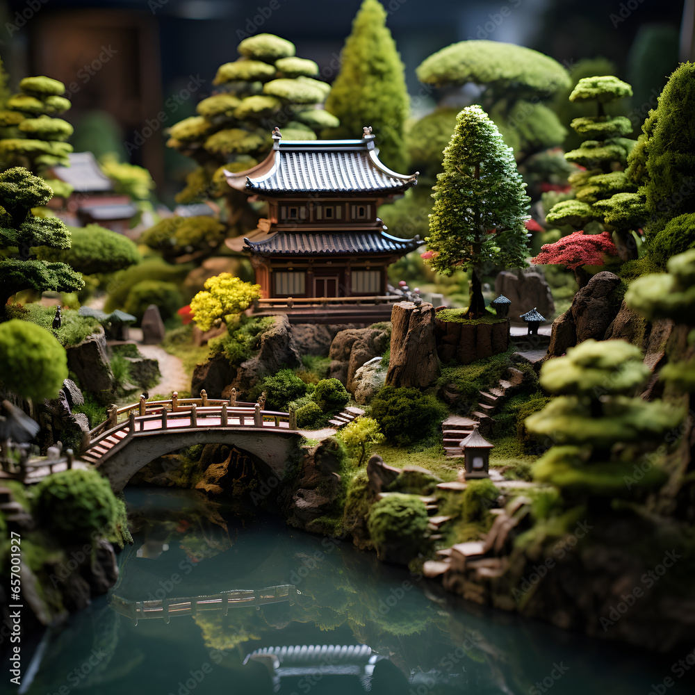 mini Japanese garden. The garden consists of a variety of trees, bushes ...