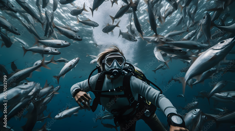 Diver diving with fish He was wearing a diving suit with an oxygen tank ...