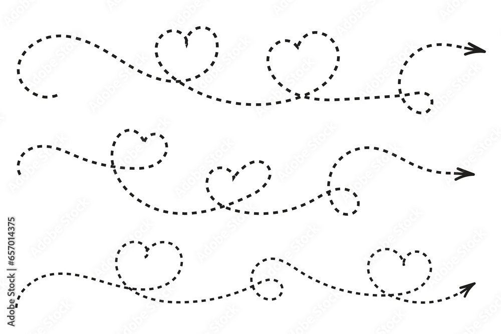Hand drawn Thin continuous line lovely hearts style curved Dotted arrow ...