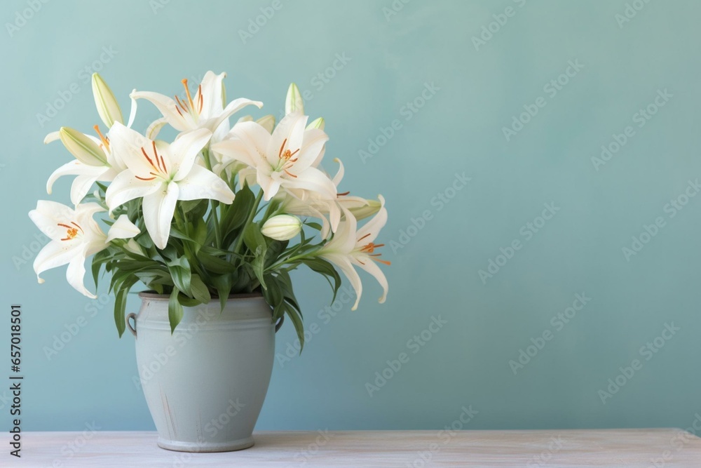 Lilies in a pot, minimalist nature, pastel backdrop, authentic ...