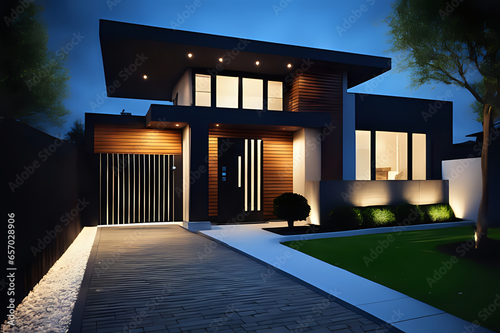 Modern minimalist style front gate in modern style house at the dark ...