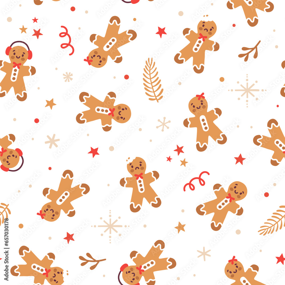Vector holiday seamless pattern with ginger cookies and snowflakes ...
