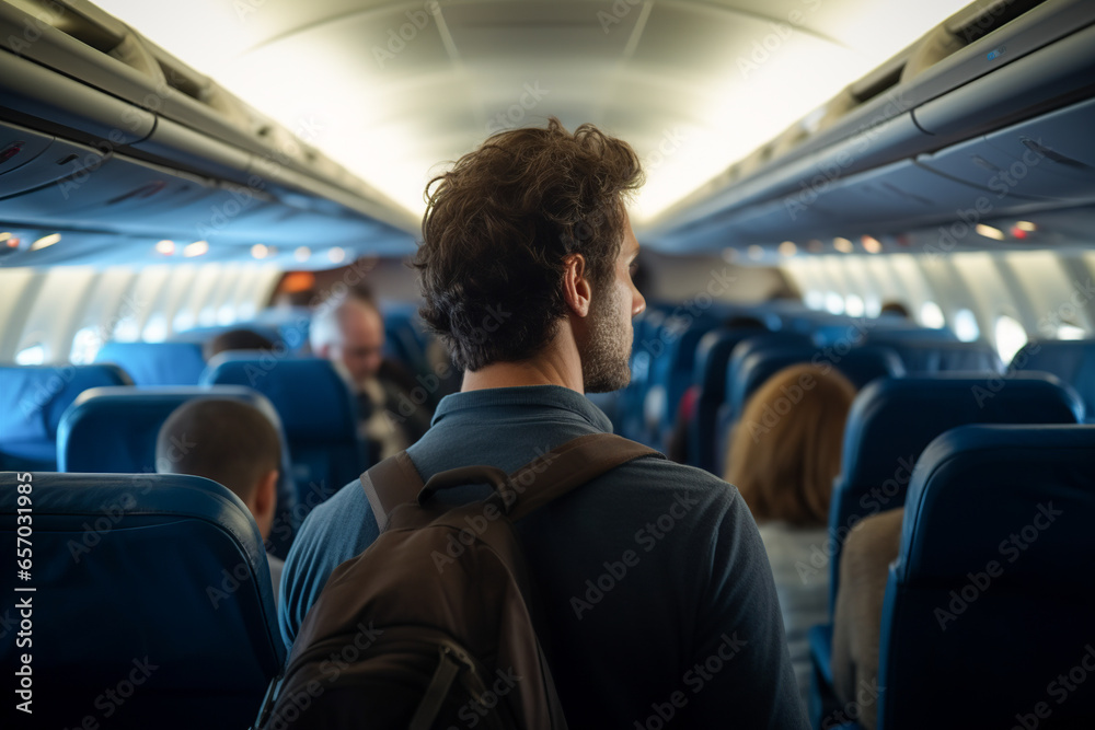 Generative AI illustration of back view guy standing of the plane of ...