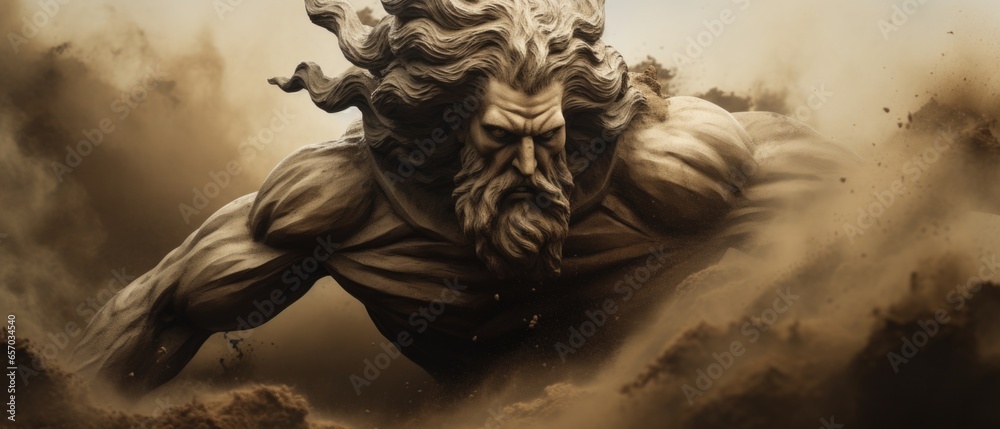 Imaginary hulking giant sandstone Greek god titan stirring up a sand ...