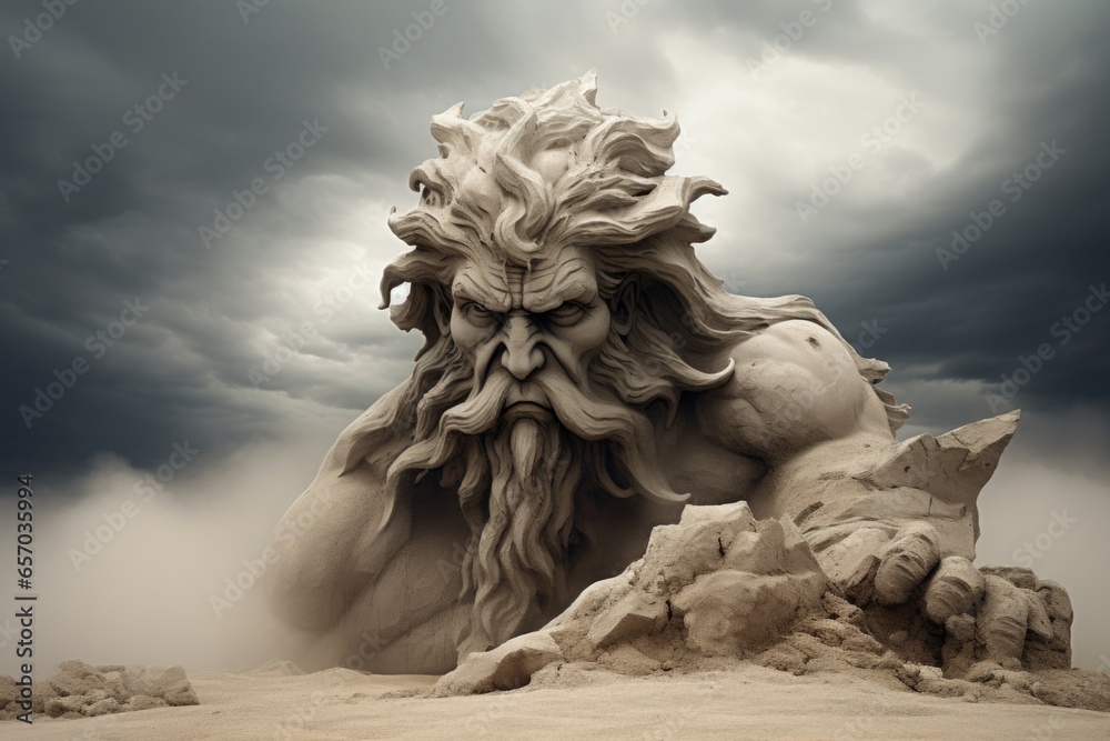 Imaginary hulking giant sandstone Greek god titan stirring up a sand ...