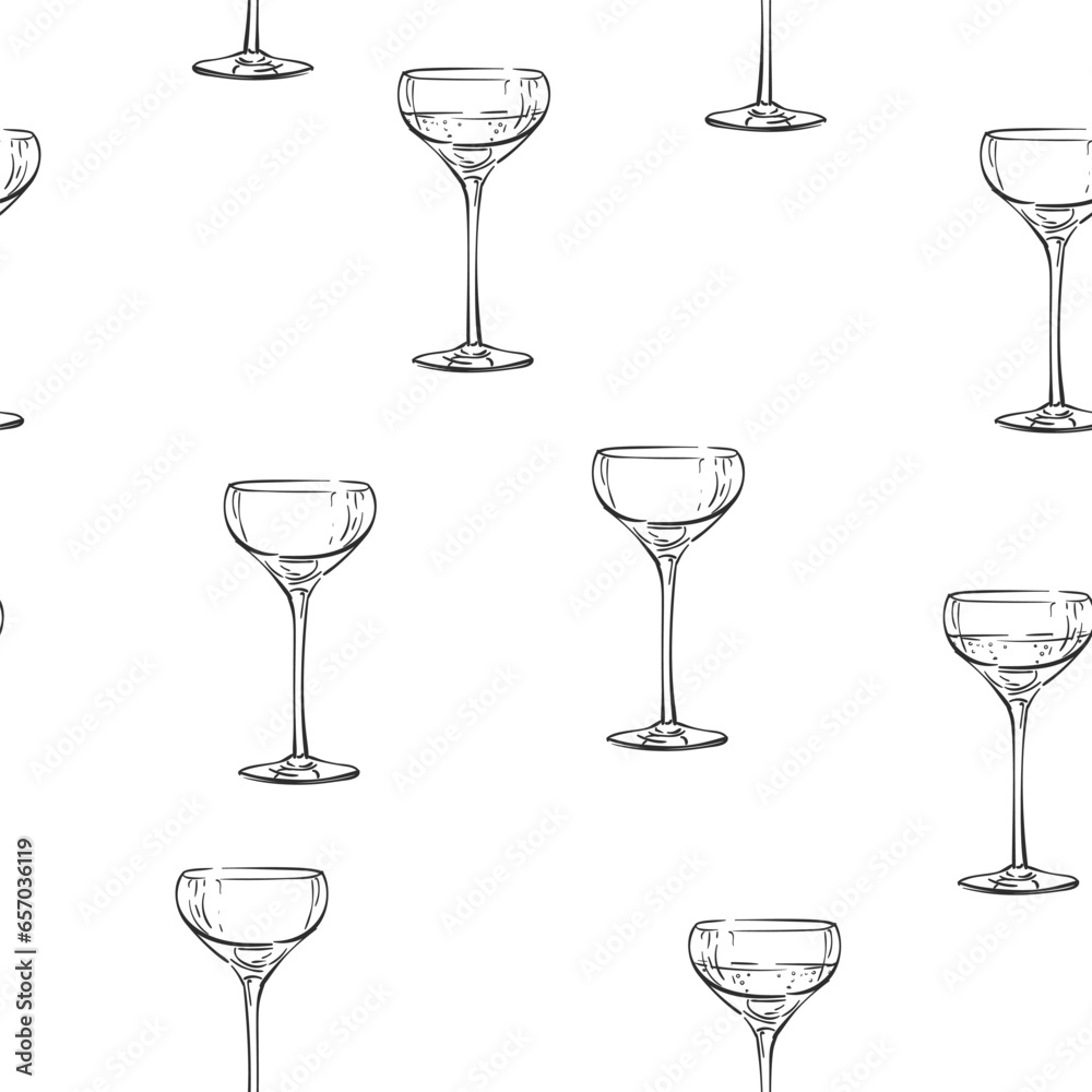 Seamless pattern empty and full coupe champagne glass vector drawing ...
