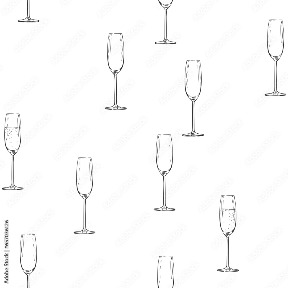 Seamless pattern empty and full champagne glass vector drawing, Hand ...