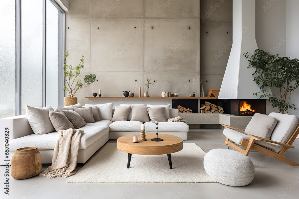 Round wood coffee table between corner sofa and white chair. Loft home ...