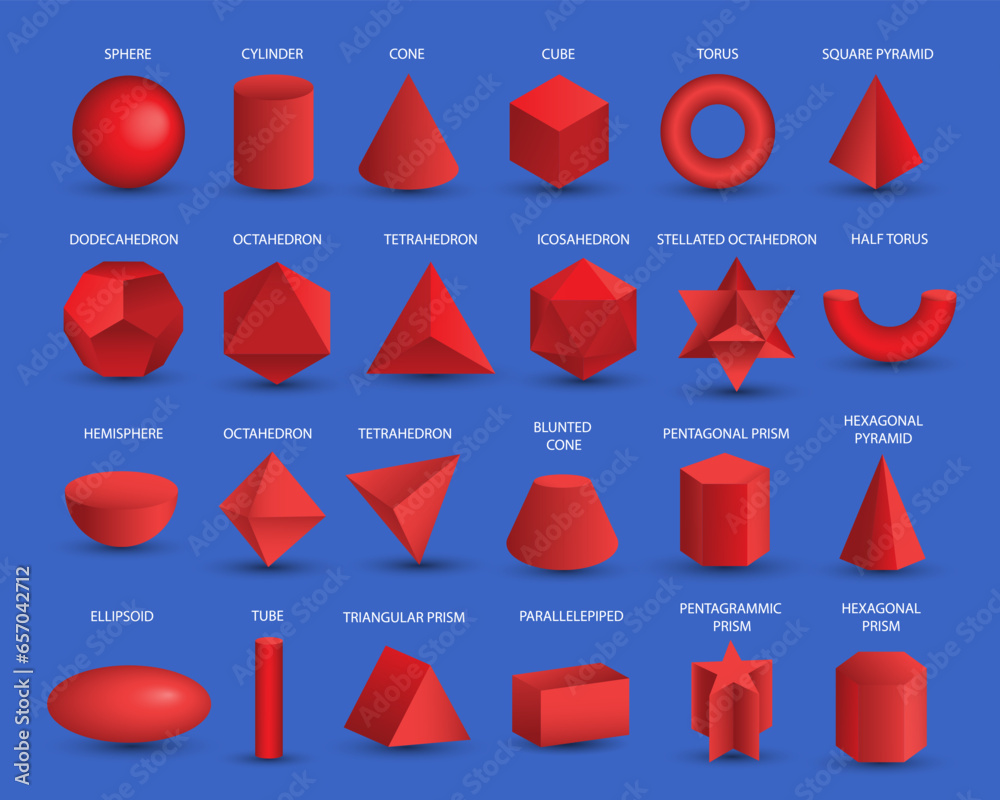 Vector Realistic 3d Red Geometric Shapes Isolated On Background Maths