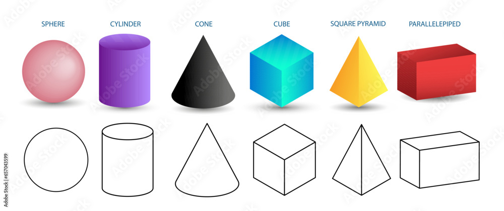Set of 3d geometric shapes. Isometric views of sphere, cylinder, cone ...