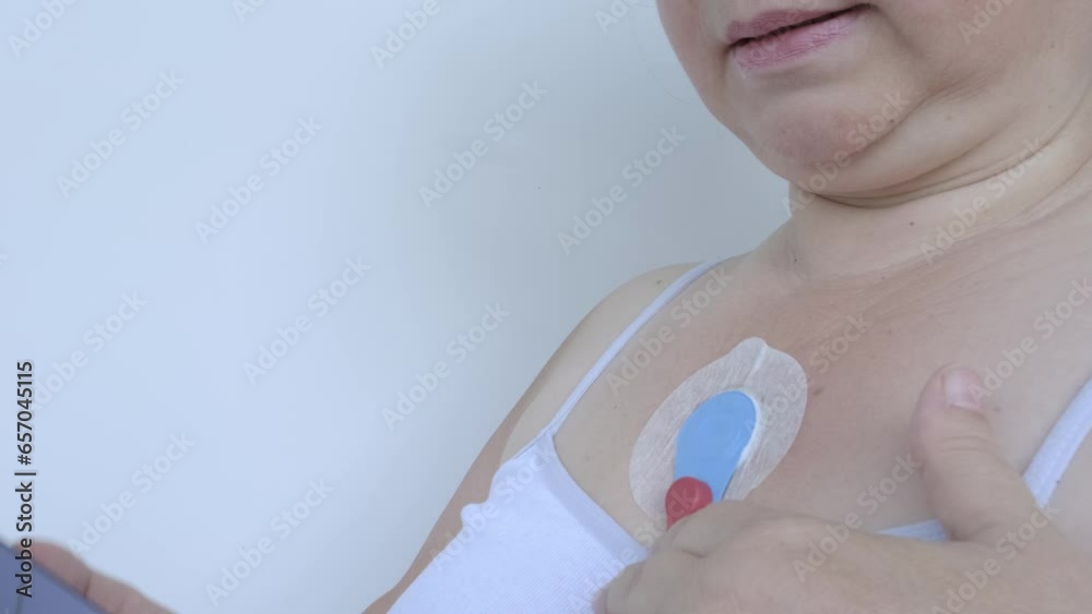 sensors on chest for Holter monitoring, woman with Holter monitor daily ... sensors on chest for Holter monitoring, woman with Holter monitor daily ...