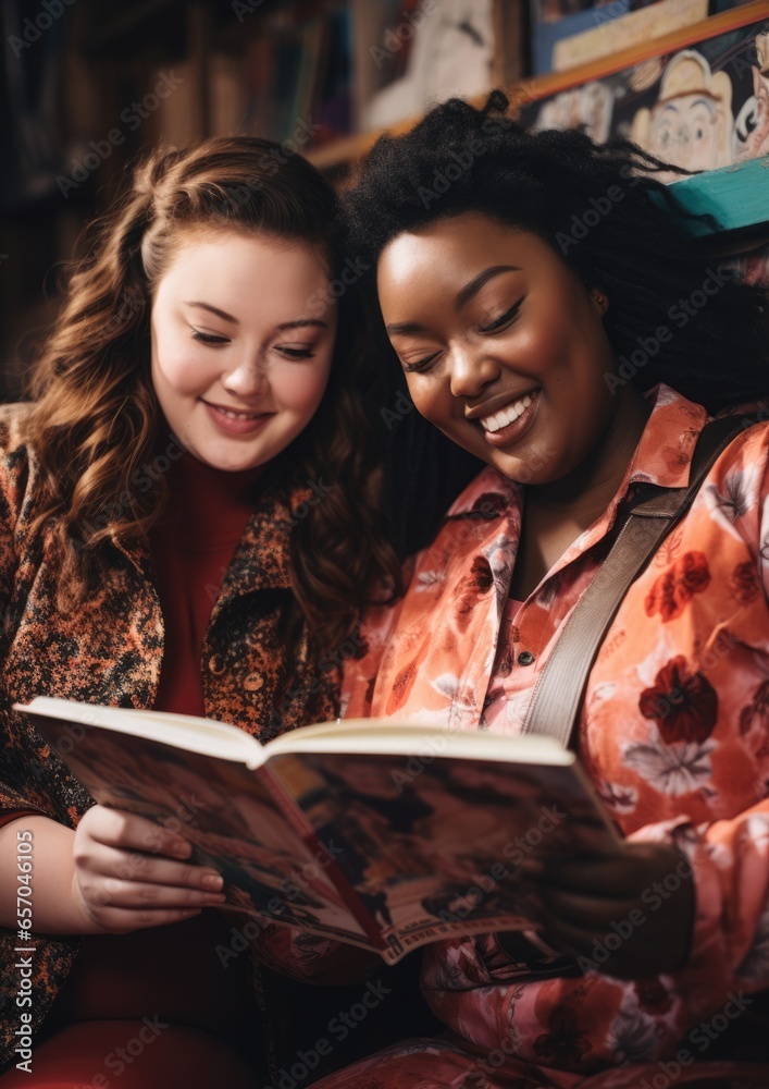 Portrait of plus-size girls reading a book alongside a friend of ...
