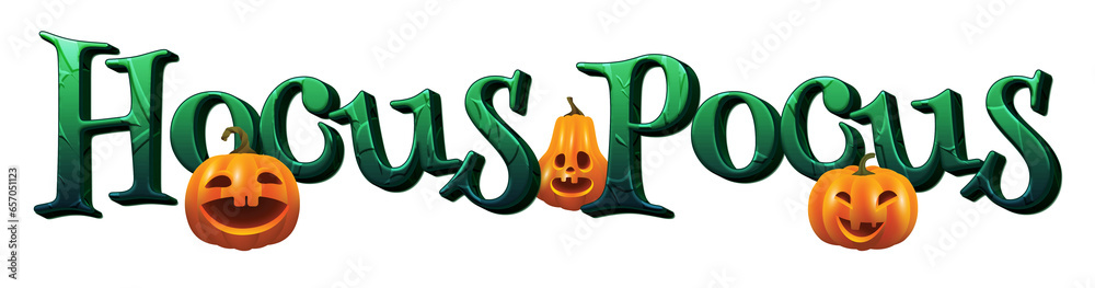 Green hocus pocus word with pumpkins. Halloween theme. Isolated on ...