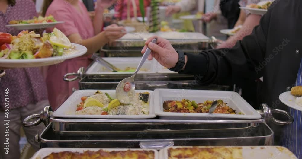 People hand take buffet food in hotel seminar room group of people ...