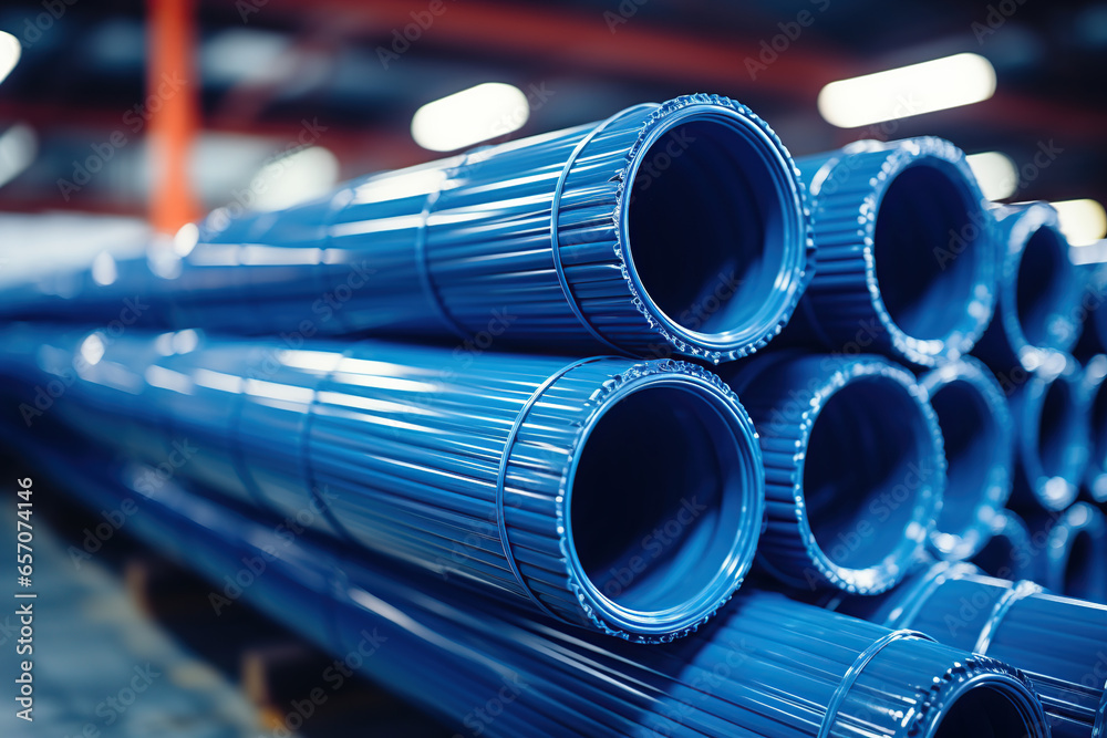 blue plastic PVC pipes stacked in a warehouse, PVC water pipes used in ...
