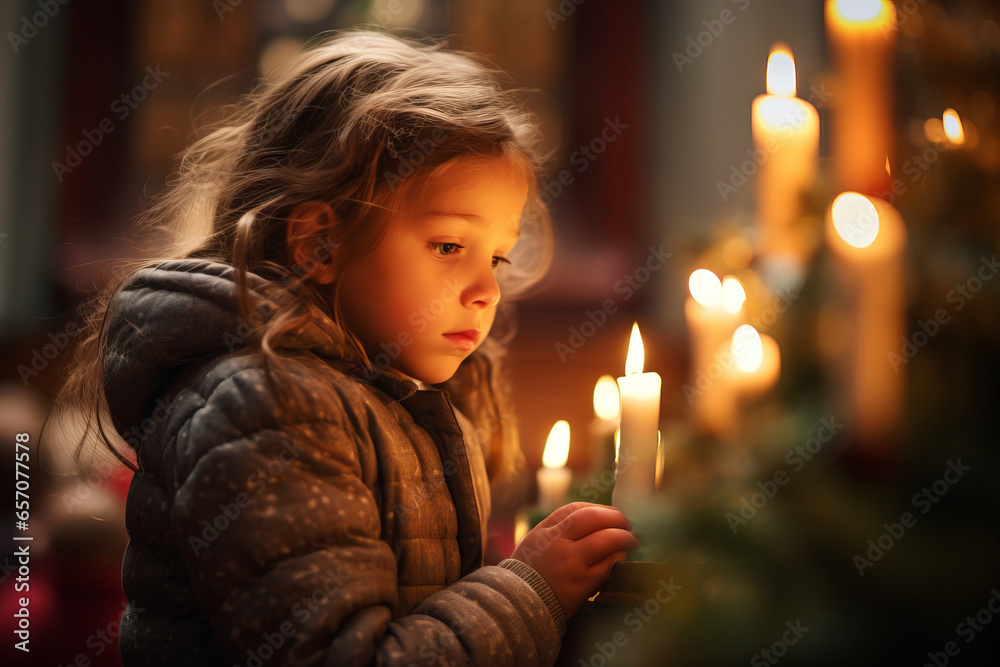 Beautiful Christian child praying over candles in church on Christmas ...