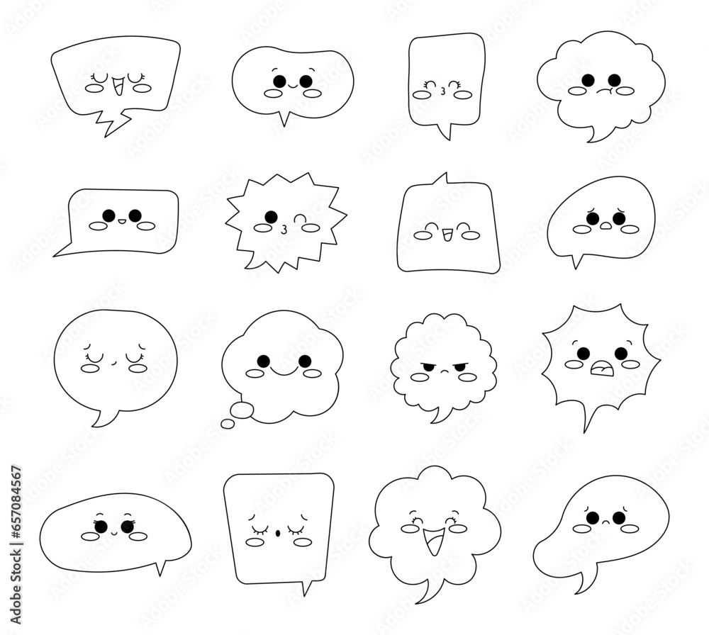 Emotions speech bubbles. Coloring Page. Cute comic characters. Vector ...