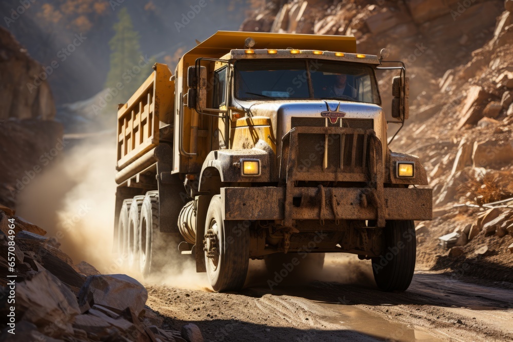 Heavy-duty dump truck hauling earth and rocks at a mining site ...