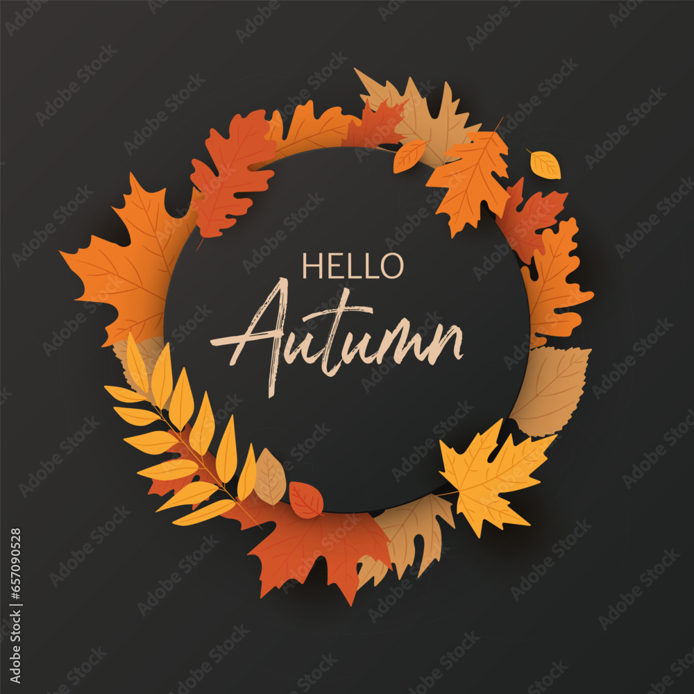 Autumn design with round frame banner Hello Autumn on black background ...