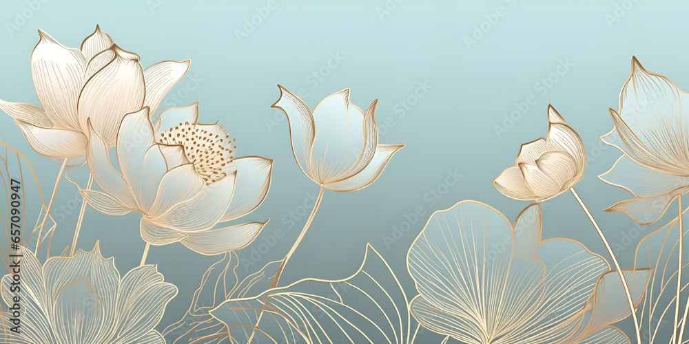 Golden lotus line arts on light blue background luxury gold wallpaper ...