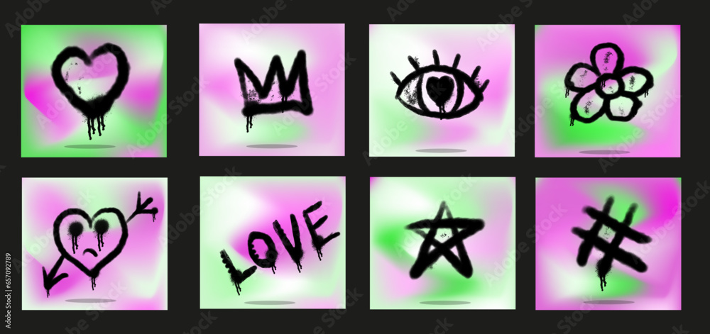 Vetor de Graffiti drawing emo symbols set. Painted graffiti spray ...