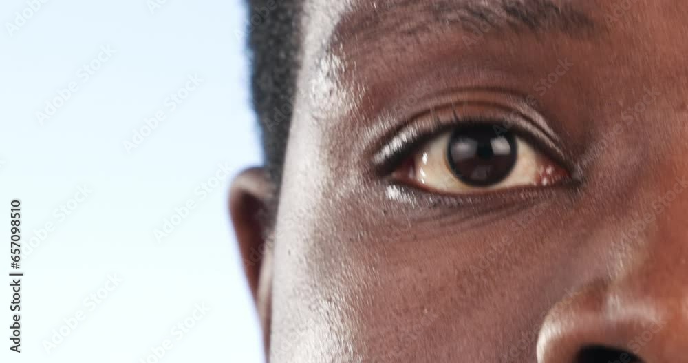 Black man, eye and confused in doubt, questions and shock on a blue ...