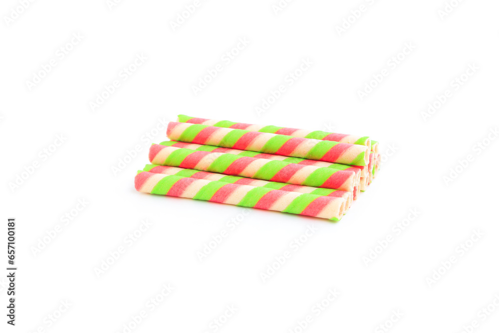 Colorful striped wafer stick rolls isolated on white background, Wafer ...