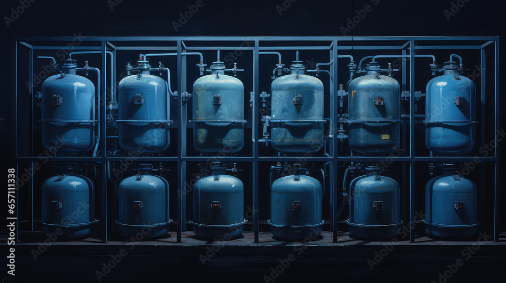 Lots of pressurized blue gas tanks. Gas industry, natural gas ...