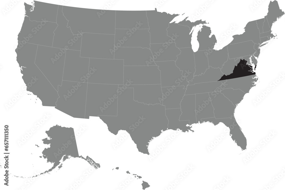 Black CMYK federal map of VIRGINIA inside detailed gray blank political ...