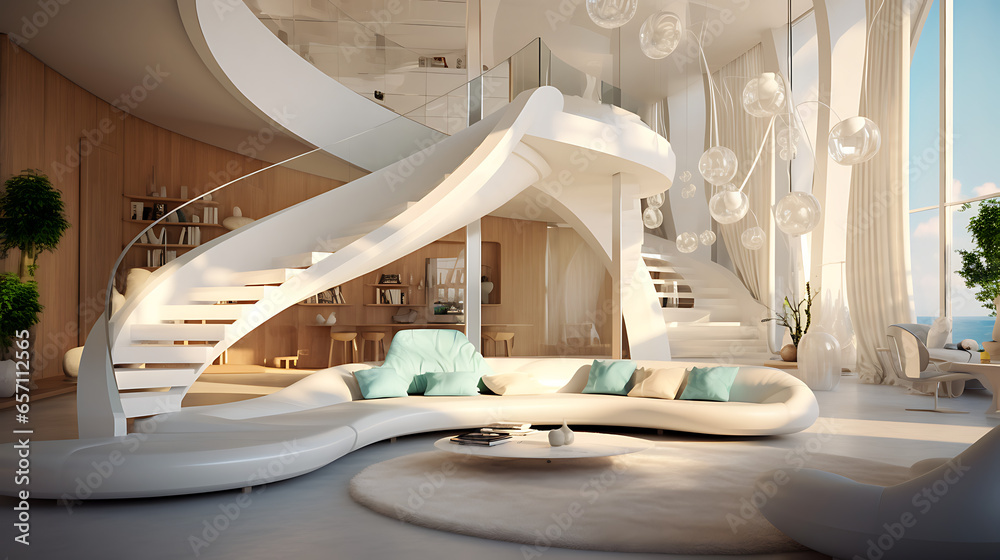 Futuristic scandinavian home interior with cozy sofa and stairs. Future ...