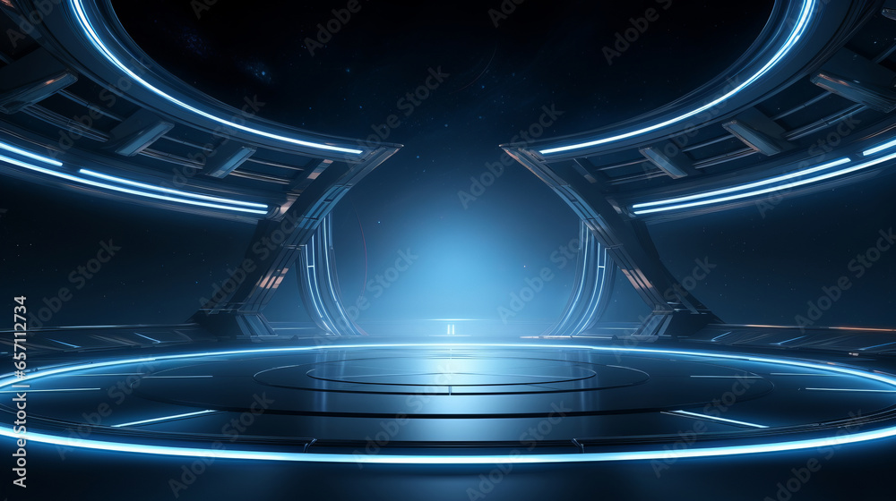 empty futuristic space ship deck background with blue light. Stock ...