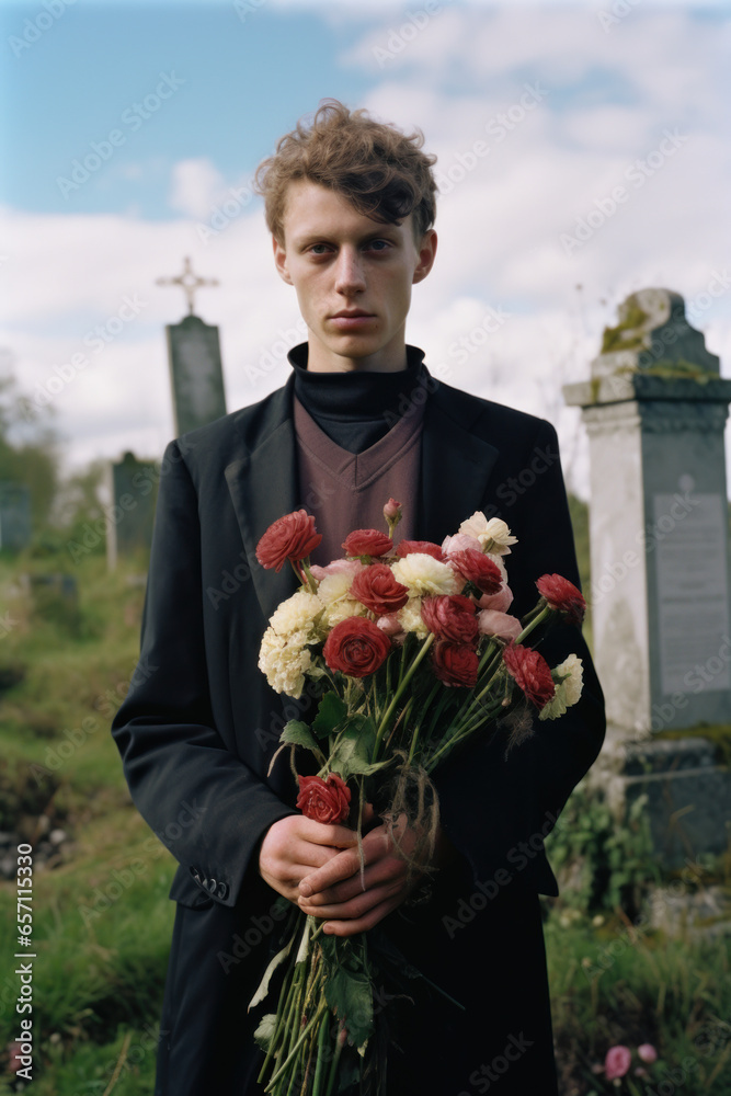boy/man/son in mourning visiting a grace/headstone with flowers at a ...