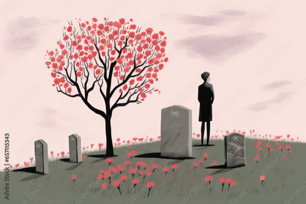 man/boy in mourning visiting a grace/headstone with flowers at a ...