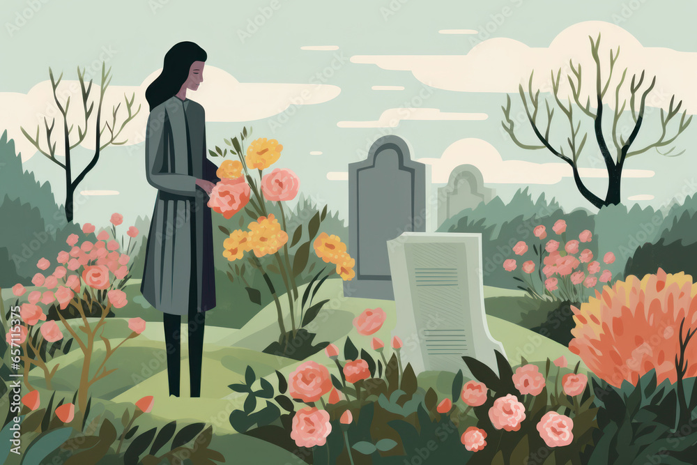 woman in mourning visiting a grace/headstone with flowers at a cemetery ...