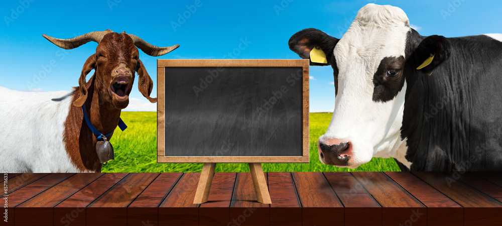 Wooden table and empty blackboard with copy space, dairy cow and a ...