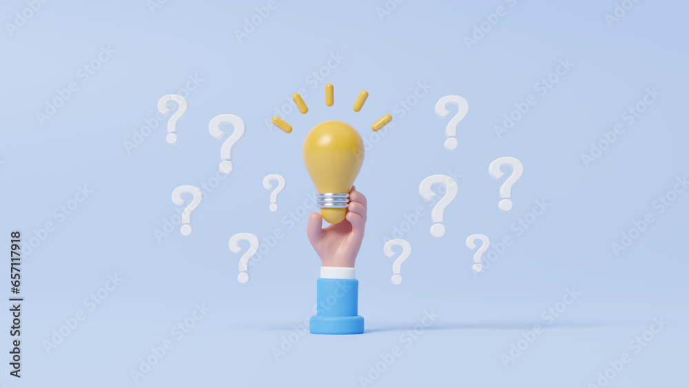 3D cartoon hand holding light bulb with questions mark for creative ...