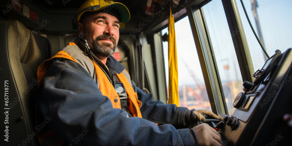 portrait of Crane and Tower Operator, who Operate mechanical boom and ...