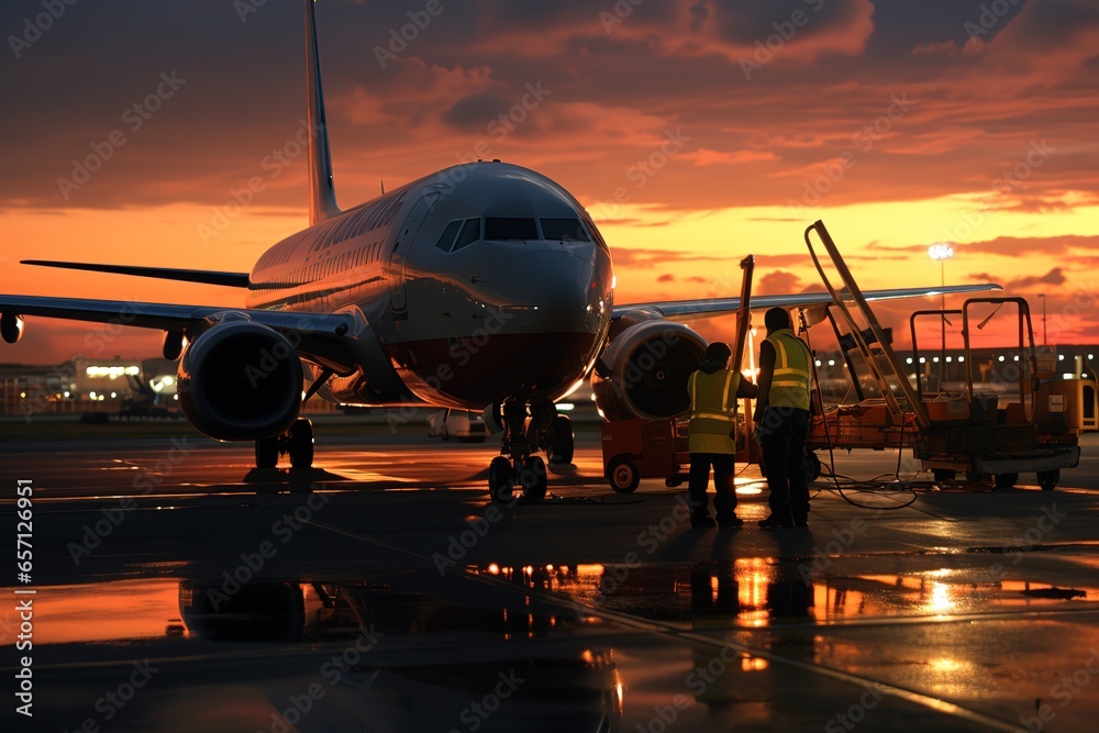 ภาพประกอบสต็อก Process of aircraft refueling using a tanker truck ...