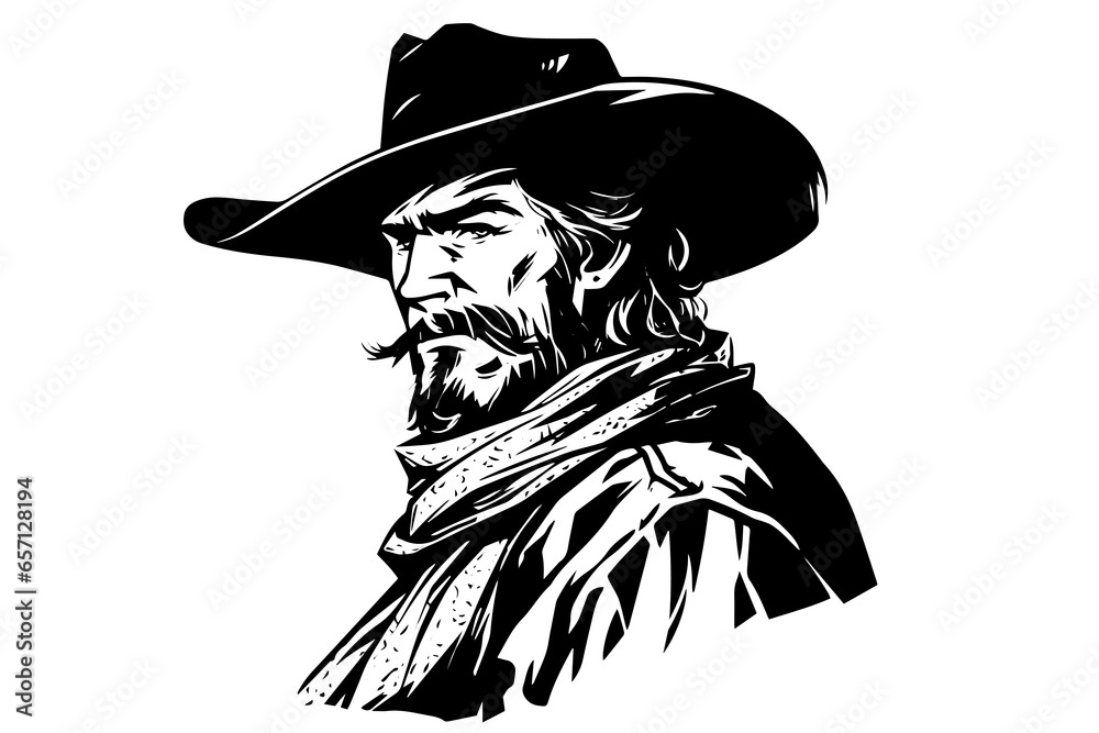 Cowboy sheriff bust or head on hat in engraving style. Hand drawn ink ...