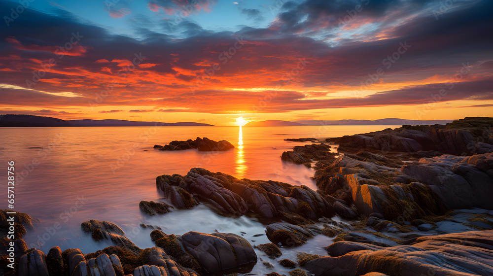 Witness the sun dipping below the horizon, casting a warm, golden glow ...