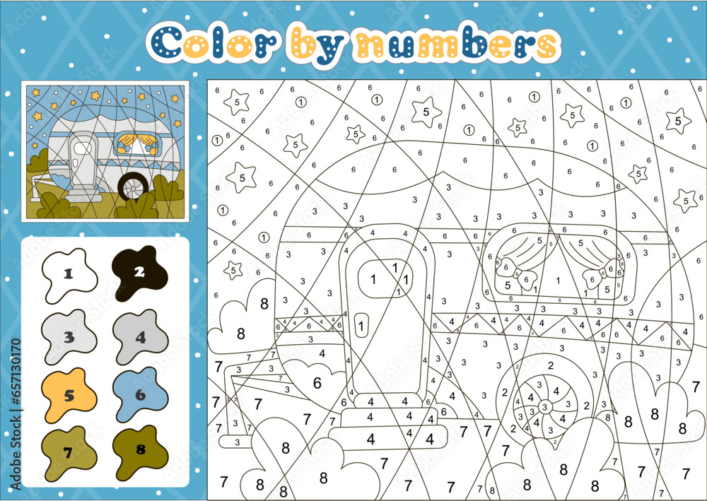 Car themed coloring page by number for kids with cute camping vehicle ...