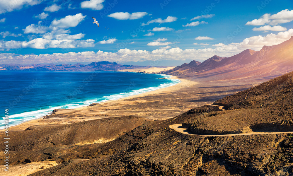 Amazing Cofete beach with endless horizon. Volcanic hills in the ...