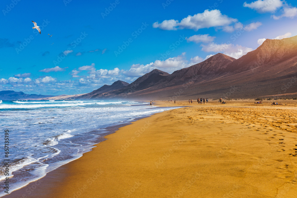Amazing Cofete beach with endless horizon. Volcanic hills in the ...