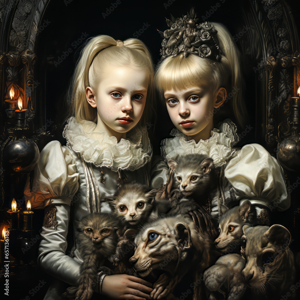 Little Girls in Baroque Science Fiction Painting. Generated Image. A ...