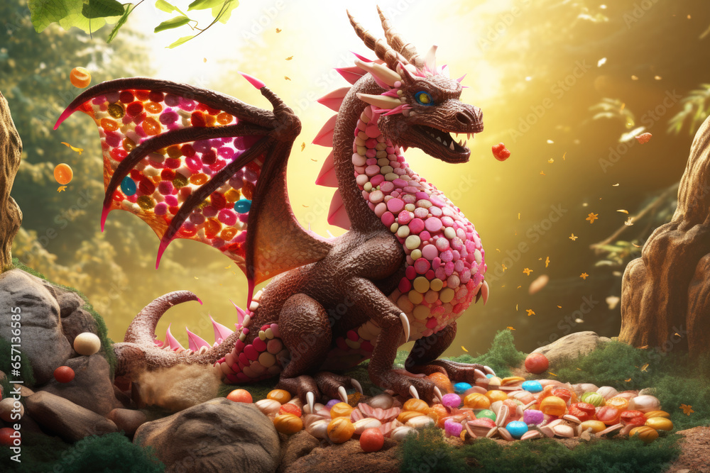 Candy land. Dragon made out of chocolate and candy. Sweet and magical ...